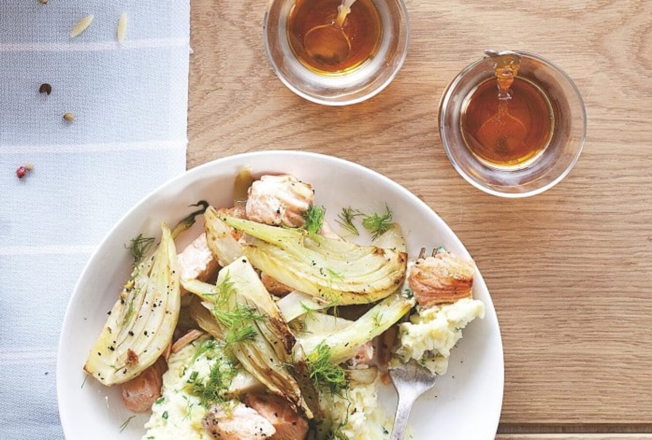 Venkel met zalm en aardappelpuree