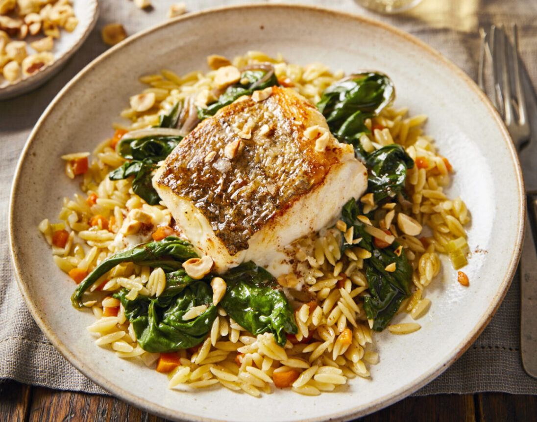 Heek met beurre noisette, snijbiet en orzo